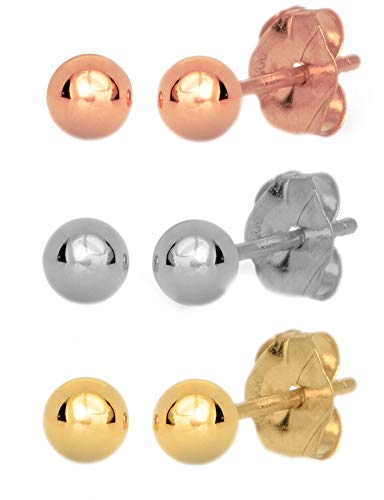 14k Real Yellow White Rose Gold 3mm Ball Stud Earrings 3 Pair Set Friction Backs