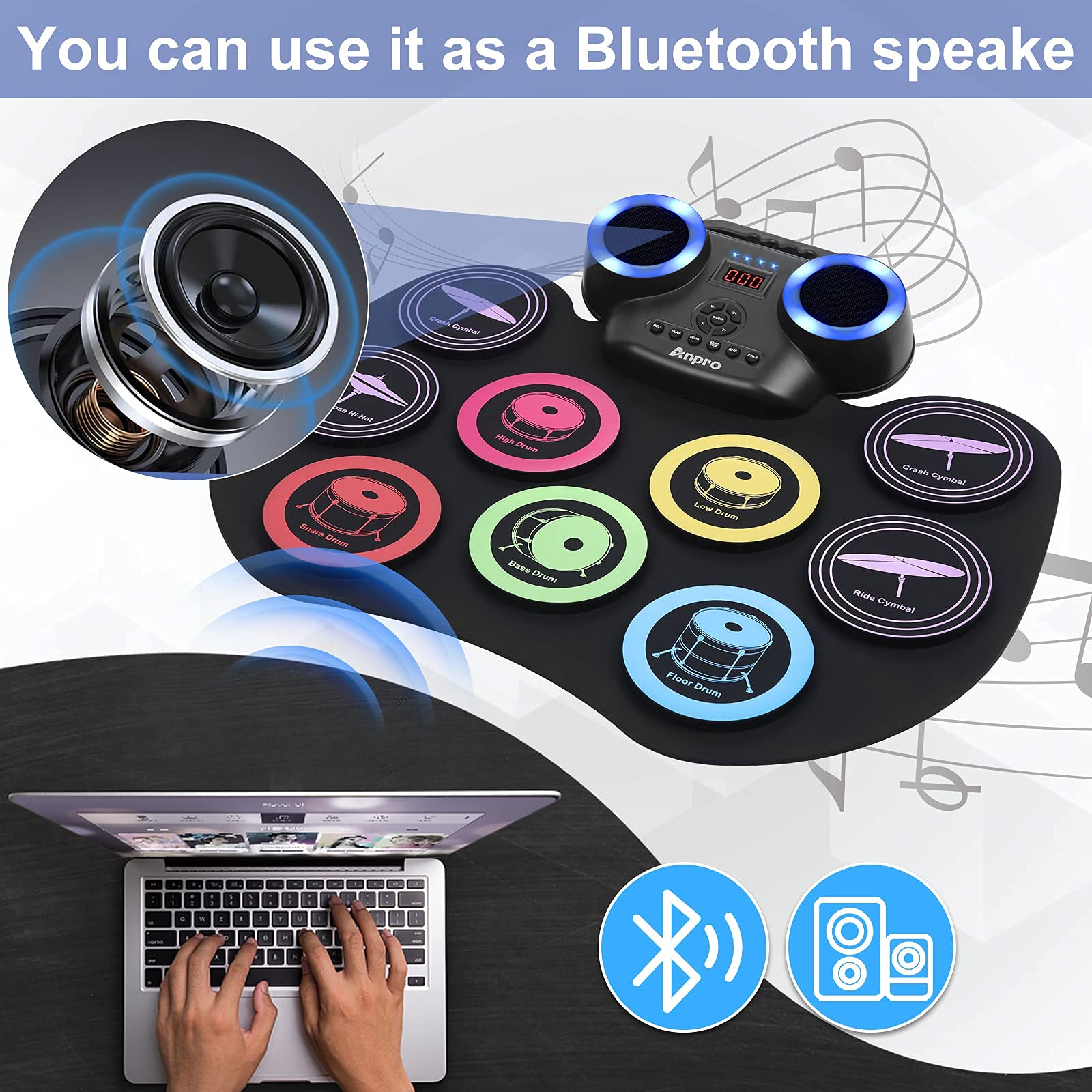 Anpro Electronic Drum Set for Kids | Adult, Musical Instrument Drum Practice Pad Kit with Headphone Jack, Built-in Speaker, Drum Pedals, Drum Sticks, Great Holiday Birthday Gift for Kids