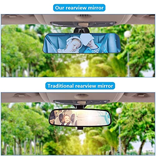 12'' Large Anti Glare Rear View Mirror with Suction Cup, Stick on Universal Frameless Inside Rearview Blue Mirror with Panoramic Wide Angle Mounted on Windshield for Car Marine Auto Boat Truck SUV Van