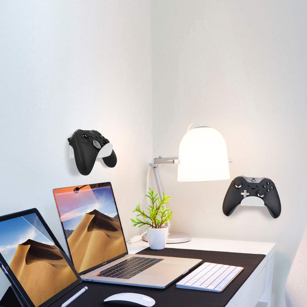 2 Pack Game Controller Wall Mount Holder, Acrylic Stand Hanger with Improved Adhesive Tape Sticker for Xbox One/Elite/ PS4/PS5/Nintendo Switch/Pro/Lite, Universal Gamepad/Headphone Organizer (White)