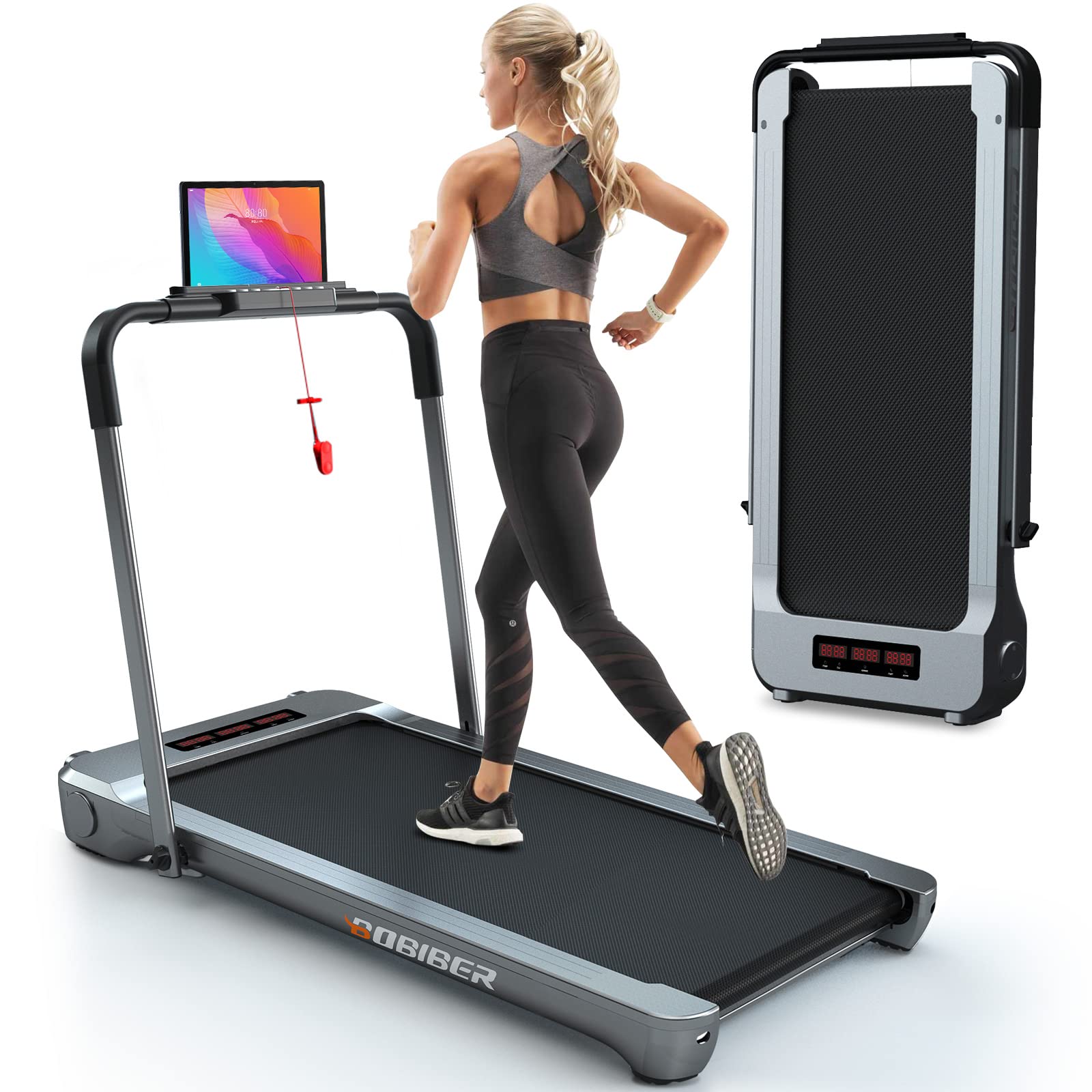 2 in 1 Under Desk Treadmill, Bobiber Folding Treadmill 265 lb Capacity 3.0 HP Widen Running Belt, Walking Pad with APP Control Remote Control for Home, Office (Silver-Gray)