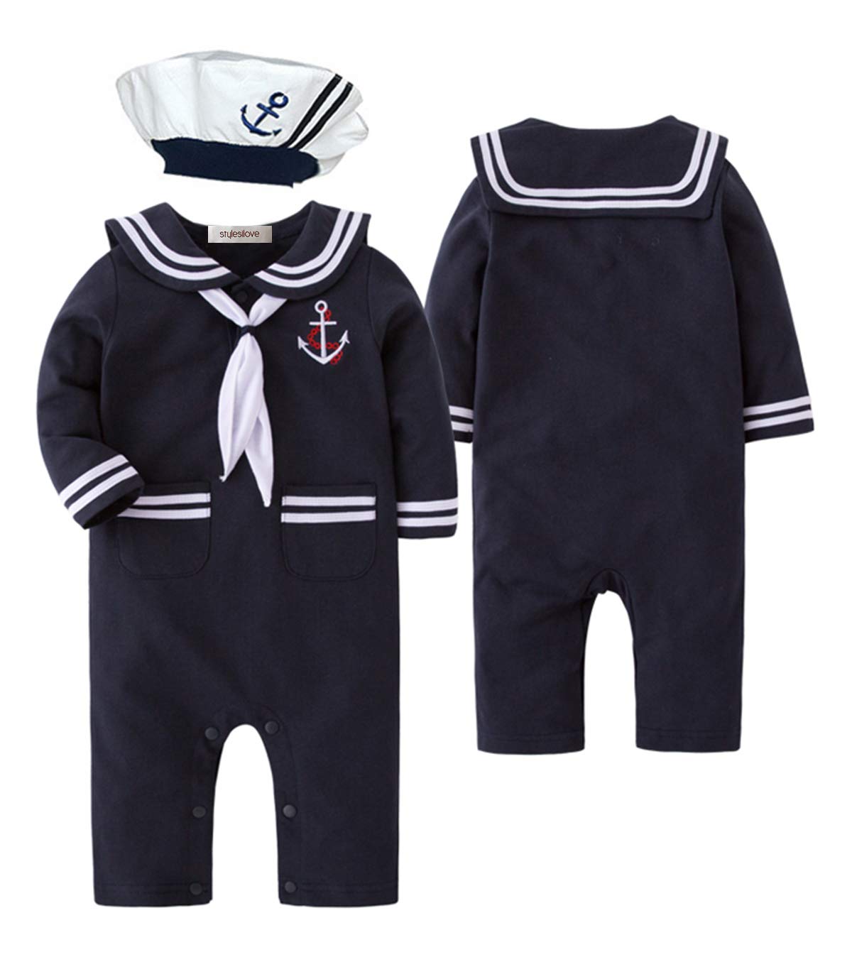 stylesilove Baby Toddler Boys Marine Sailor Cotton Romper with Hat and Necktie 3pcs Festival Jumpsuit (Navy Blue, 90/12-18 Months)