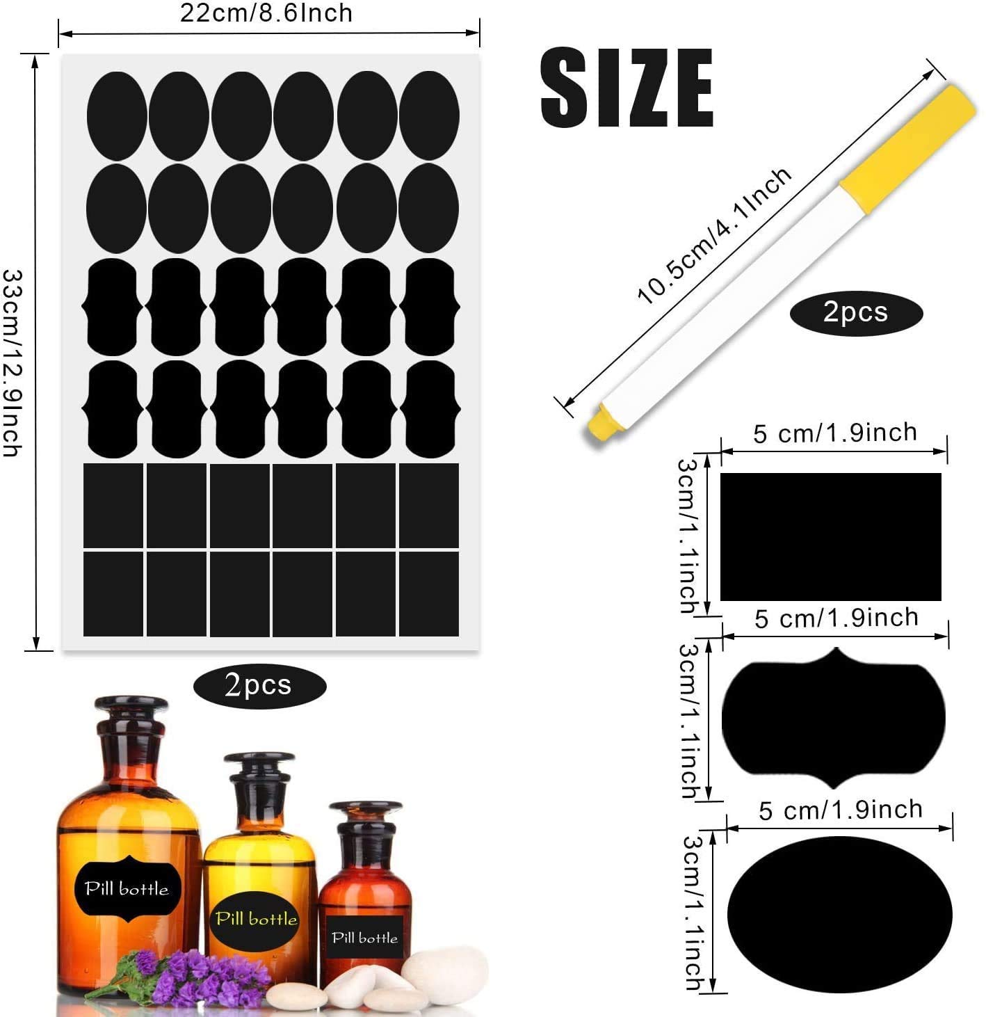 156PCS Chalkboard Labels, Premium Reusable Label Stickers, Chalk Labels for Pantry and Jars: Storage Bins, Mason, Spice, Glass, Cups, Containers, 2 Pack Erasable Chalk Marker (White/Yellow)