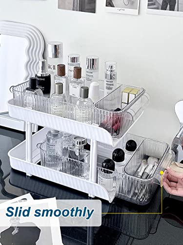 2 Tiers Under Sink Organizers And Storage, Plastic Storage Basket Drawers With Handle, White Multi-Purpose Pull Out Cabinet Organizer Shelf, Counter Organizing Tray For Kitchen, Office, Bathroom