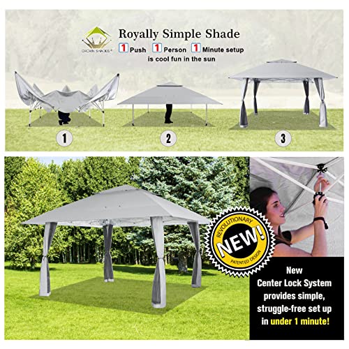 CROWN SHADES 13X13 Outdoor Pop Up Gazebo Base 10X10 Patio Gazebos Patented Center Lock Quick Setup Newly Designed Storage Bag Instant Canopy Tent with Mosquito Nettings(13x13, Grey)