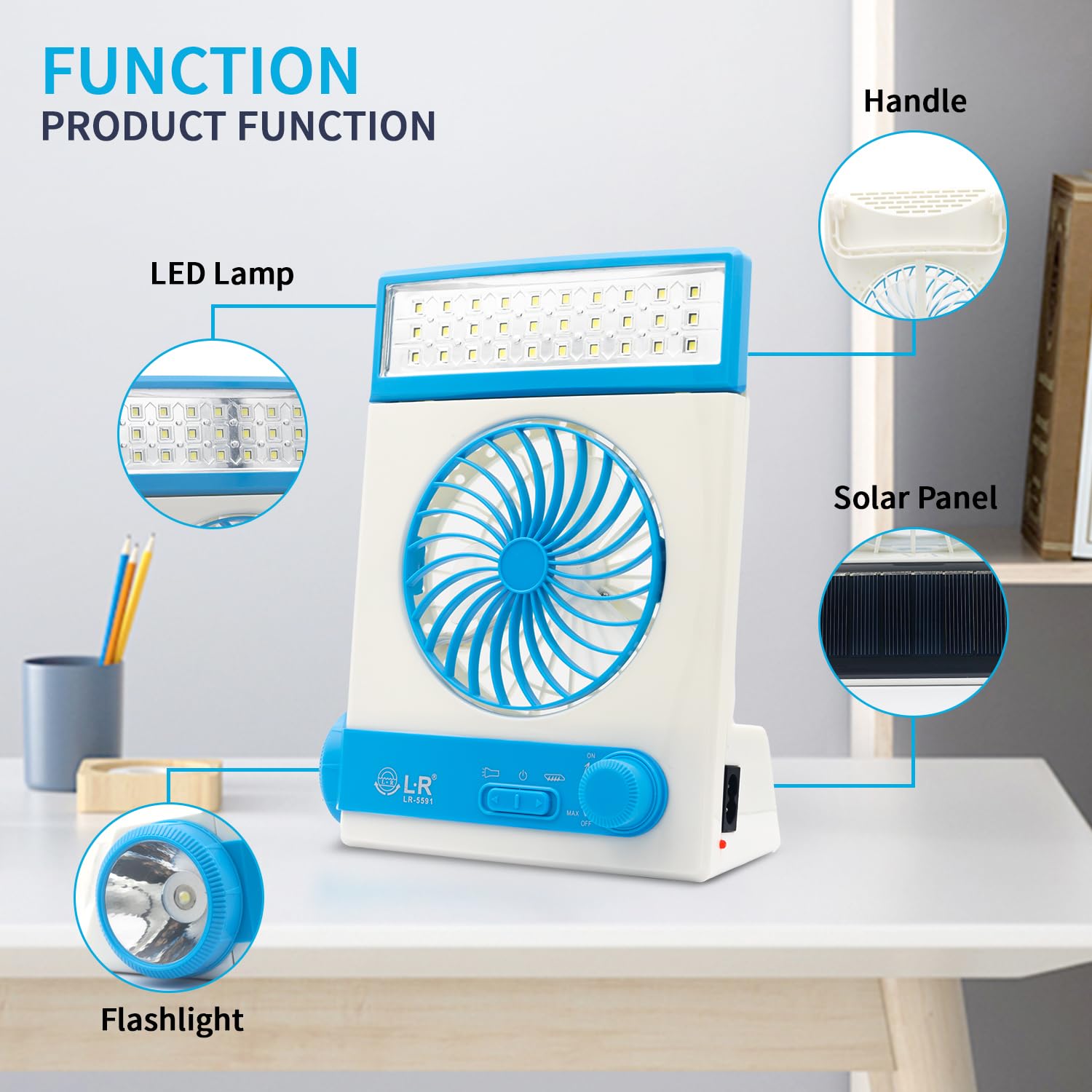 Ansee Solar Fan Camping Fan Cooling Table Fans 3 in 1 Multi-Function with Eye-Care LED Table Lamp Flashlight Torch Solar Panel Adaptor Plug for Home Use Camping (Blue)