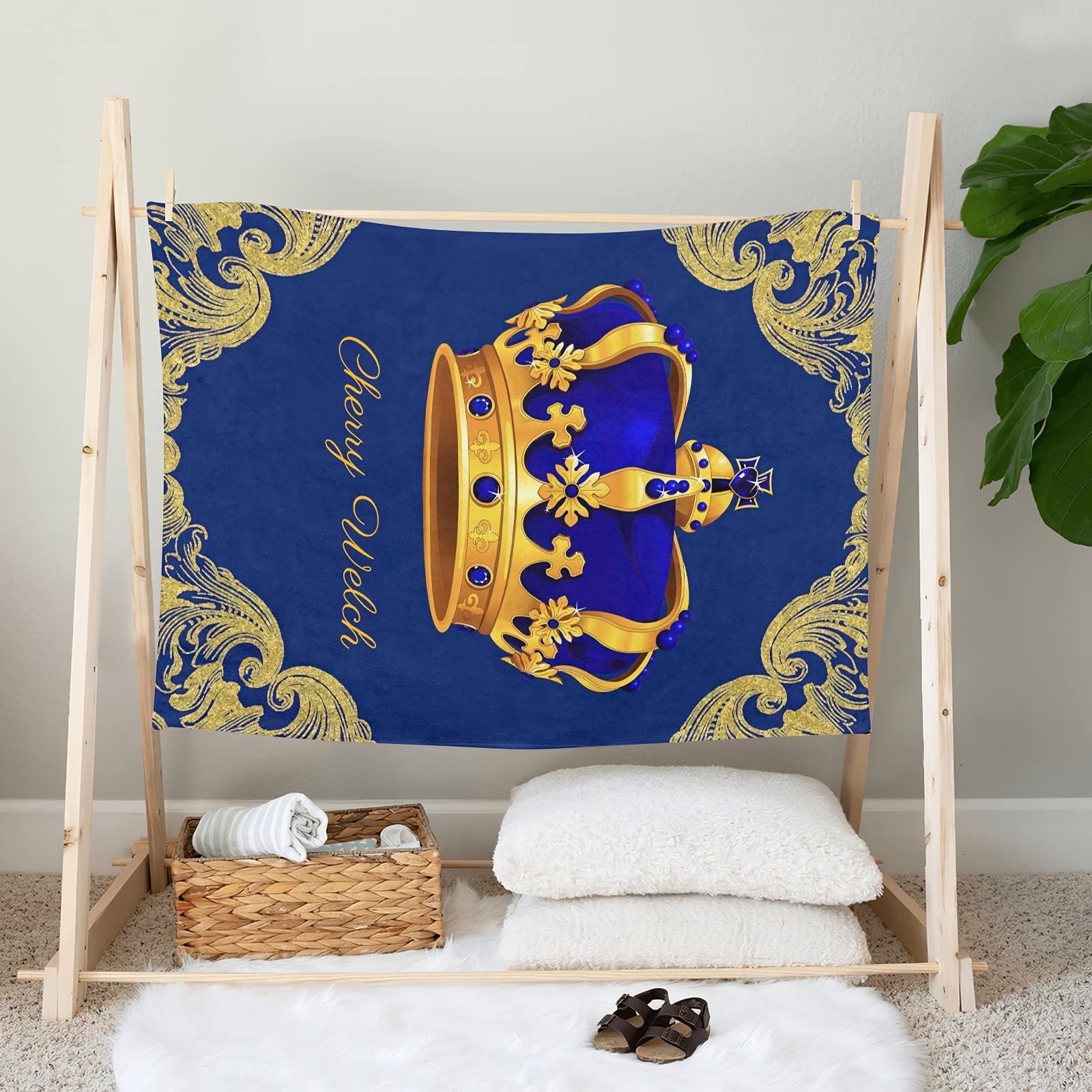 Yeshop Personalized Baby Blanket Blue Golden Crown Custom Nursery Swadding Blankets 30x40 Inches for Baby Boy Girl with Name Baby Shower Birthday Gift
