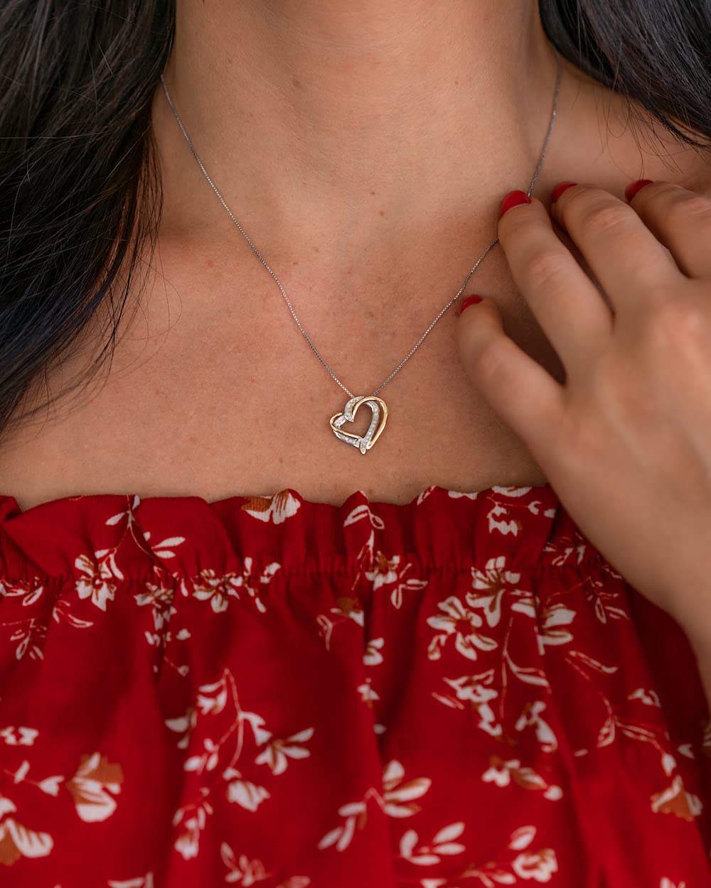 14kt Solid Rose Gold and Sterling Silver Diamond Double Heart Pendant Necklace 1/10 cttw Natural Diamonds - 18 Inch BoxChain