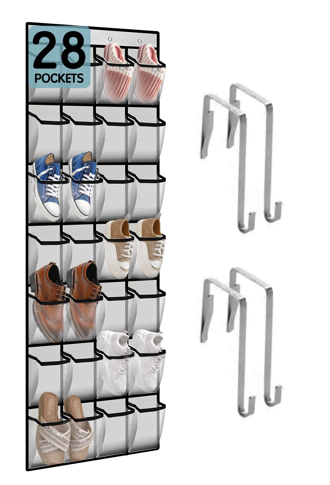 28 Compartment Breathable Mesh Pocket Over the Door Hanging Shoe Organizer, Closet Shoe Organizer, Large Men's and Women's Shoe Organizer, Hanging Over the Door Shoe Organizer (White)