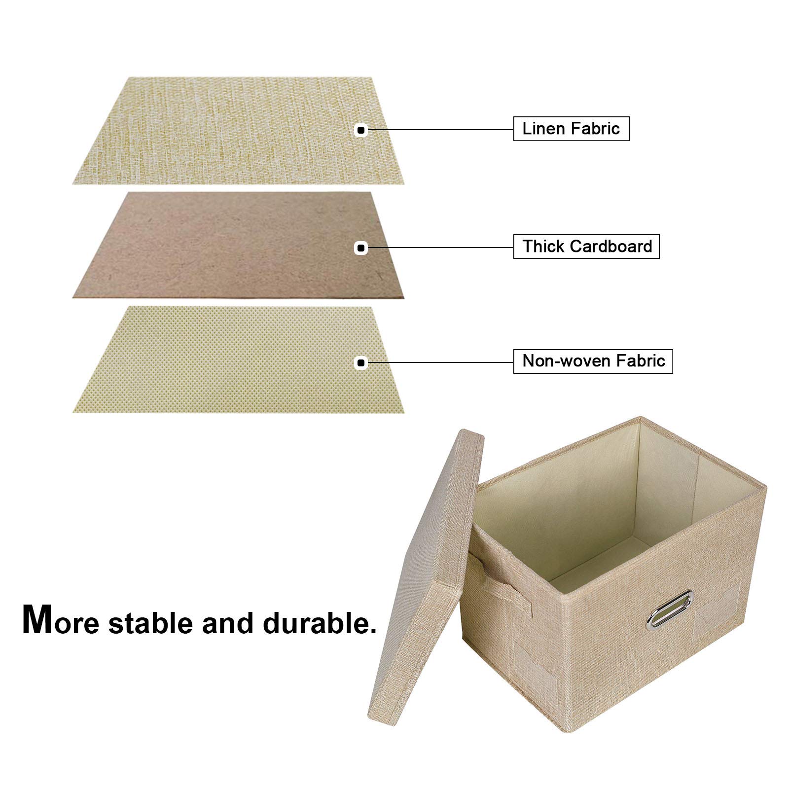 Foldable Storage Boxes with Lids Linen Fabric Collapsible Clothing Bin Organizer Baskets Containers with Carry Handles Transparent Slot Design for Home Bedroom Office Kids Room (Khaki, 3 Pack)