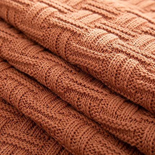 RUDONG M Brown Cotton Cable Knit Throw Blanket, Cozy Warm Knitted Couch Cover Blankets, 60 x 80 Inch