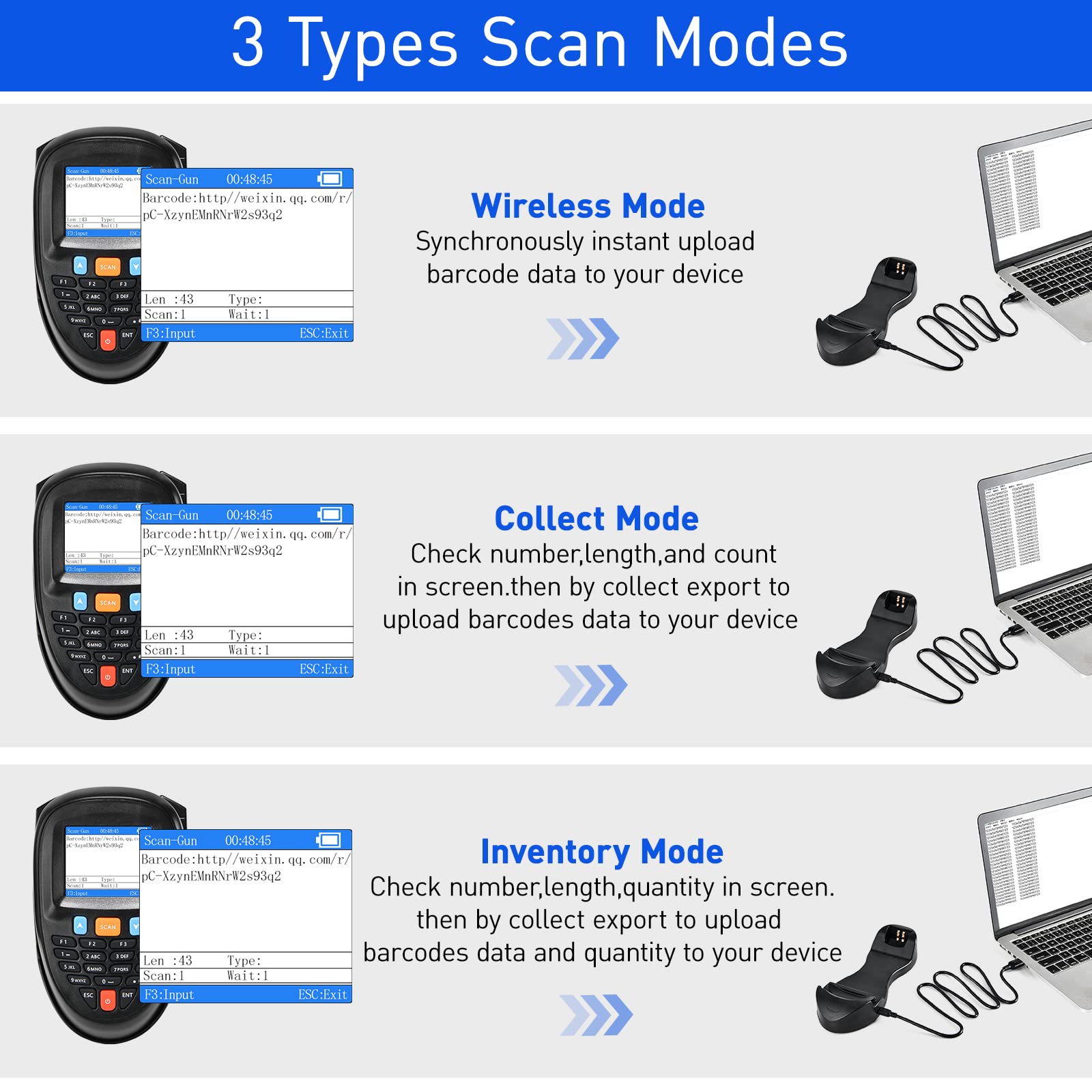 1D 2D Wireless Barcode Scanner, JRHC Portable Inventory Scanner with Charging Base Data Collector Barcode Reader Data Terminal 2 in 1 USB Connection & 2.4G Wireless Bar Code Scanners with 2.2" Screen