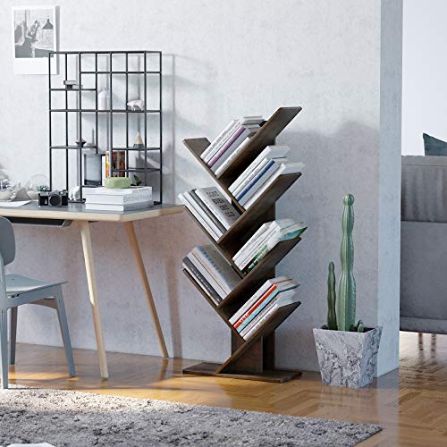 C&AHOME 7-Shelf Tree Bookshelf, Bookcase, Bamboo Book Rack, Storage Shelves in Living Room, Free-Standing Books Holder Organizer, Space Saver for Home, Office, Kid's Room Retro Brown
