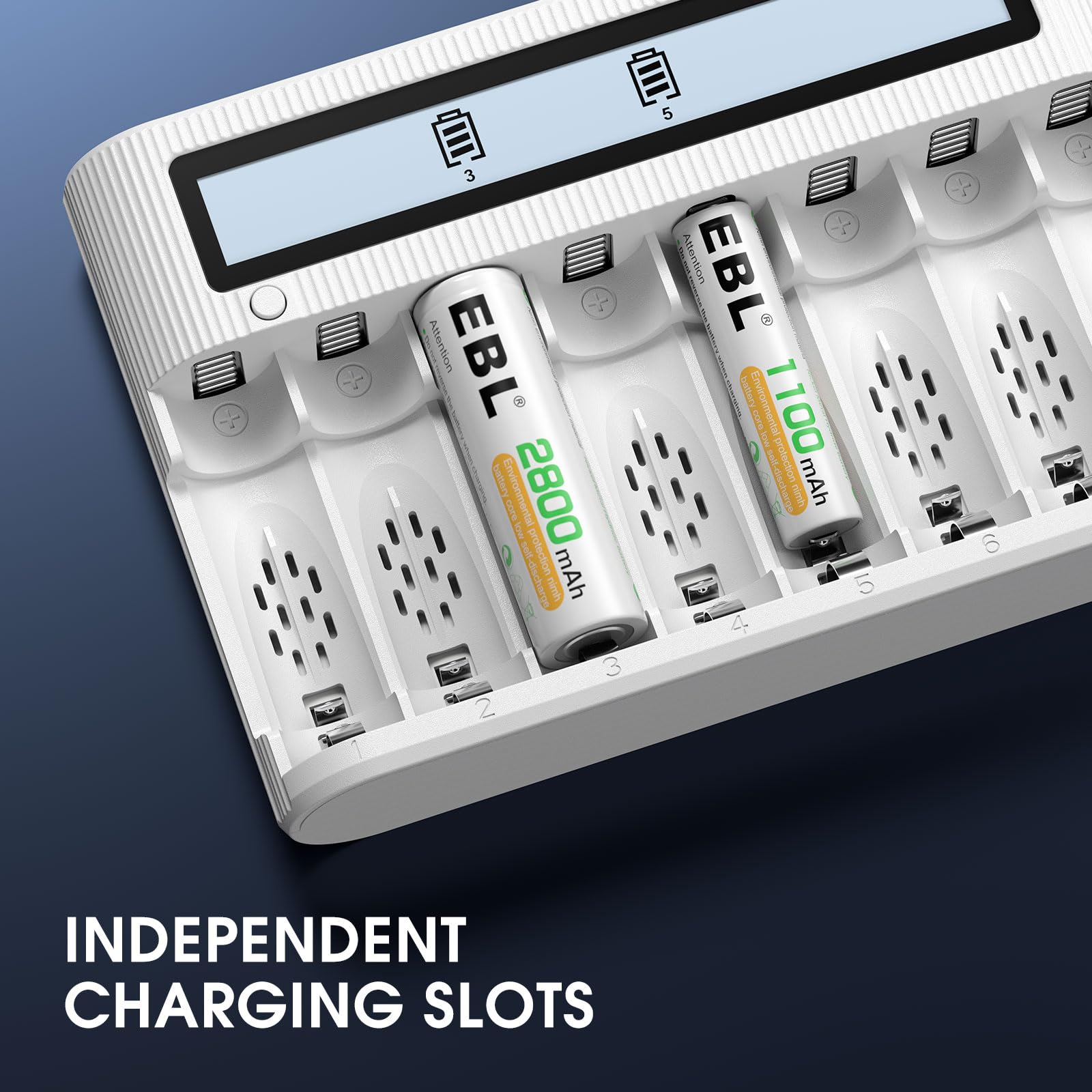 EBL AA AAA Battery Charger, Independent 8 Slots with Advanced Discharge Function, LCD Screen for 1.2V NiMH NiCD Rechargeable Batteries, Micro USB and Type C Input