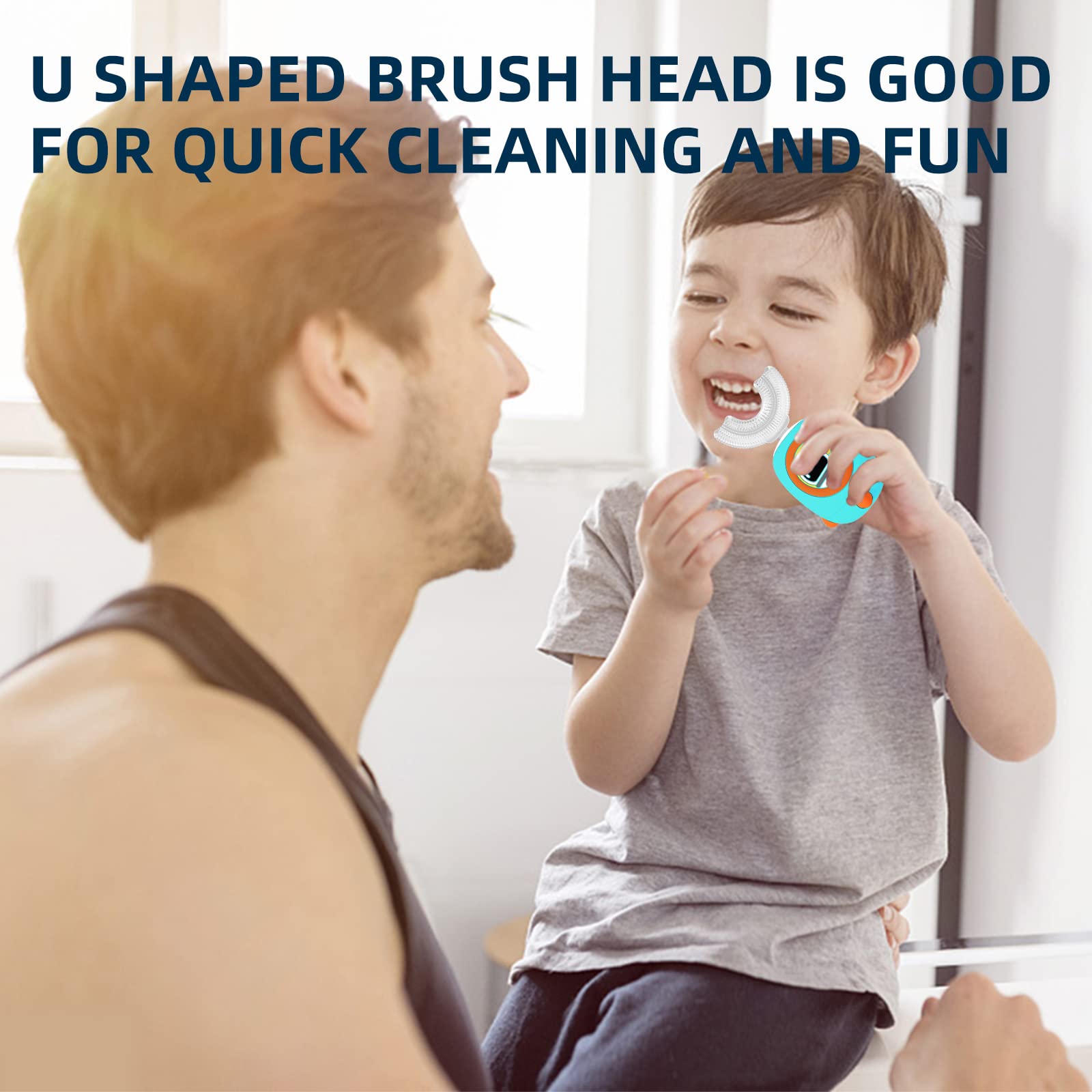 AUITRONCARE Ultrasonic Kids U Shaped Electric Toothbrush, Rechargeable Toddler toothbrushes with 4 Brush Heads, Smart Timer IPX7 Waterproof (Ages 2-12) (Hollow-Blue)