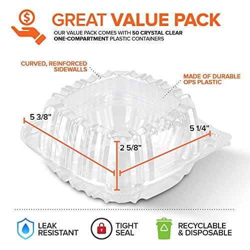 Disposable Plastic To Go Containers with Clear Lids (50 Pack) Fancy Hinged Top Square Clamshell Food Boxes for Take Out, Home Party Togo Clam Shell Box to Carry Cake, Dessert, Small Sandwich