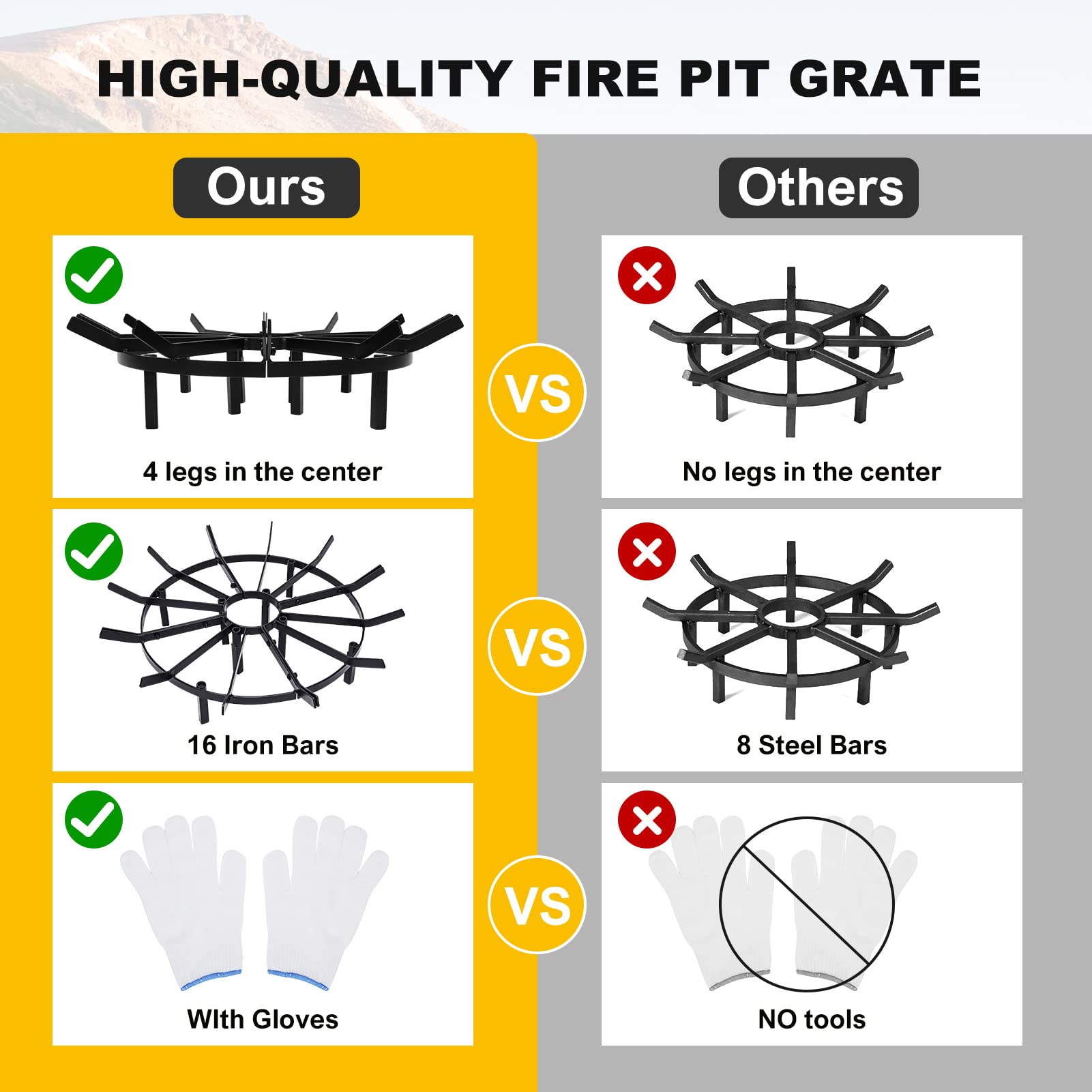 1MORE Fire Pit Grate Log Grate, Fireplace Grate 24 inch Heavy Duty, Round Fireplace Grates, Wood Stove Burning Rack Holder, Firewood Grate for Fire Pit & Backyard Patio, Outdoor Camping Hearth.