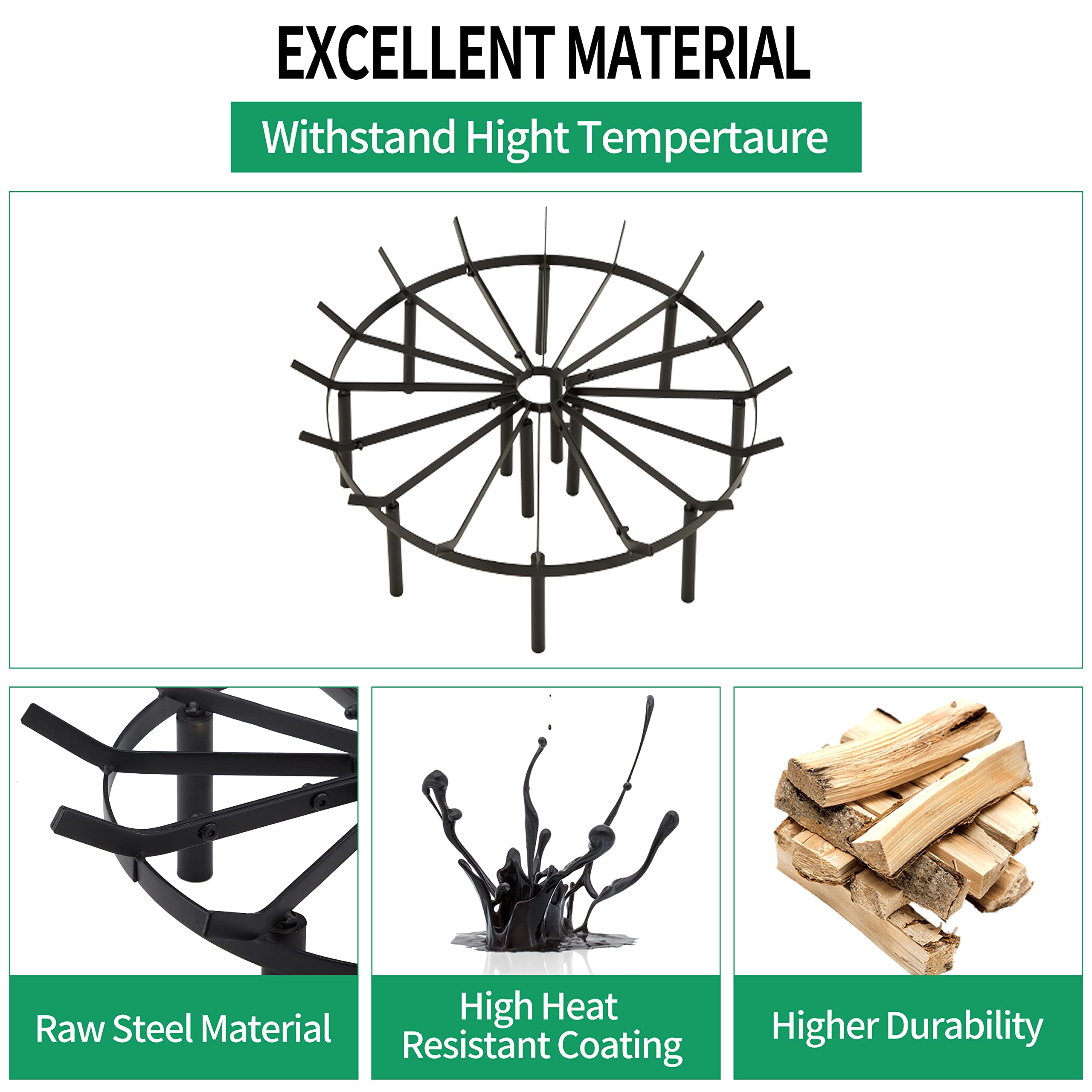 32in Fire Grate Log Grate, Round Spider Wagon Wheel Firewood Grates, Heavy Duty Fire Pit Grate for Outdoor Campfire, Hearth Wood Stove and Outdoor Camping Fire Pit Black