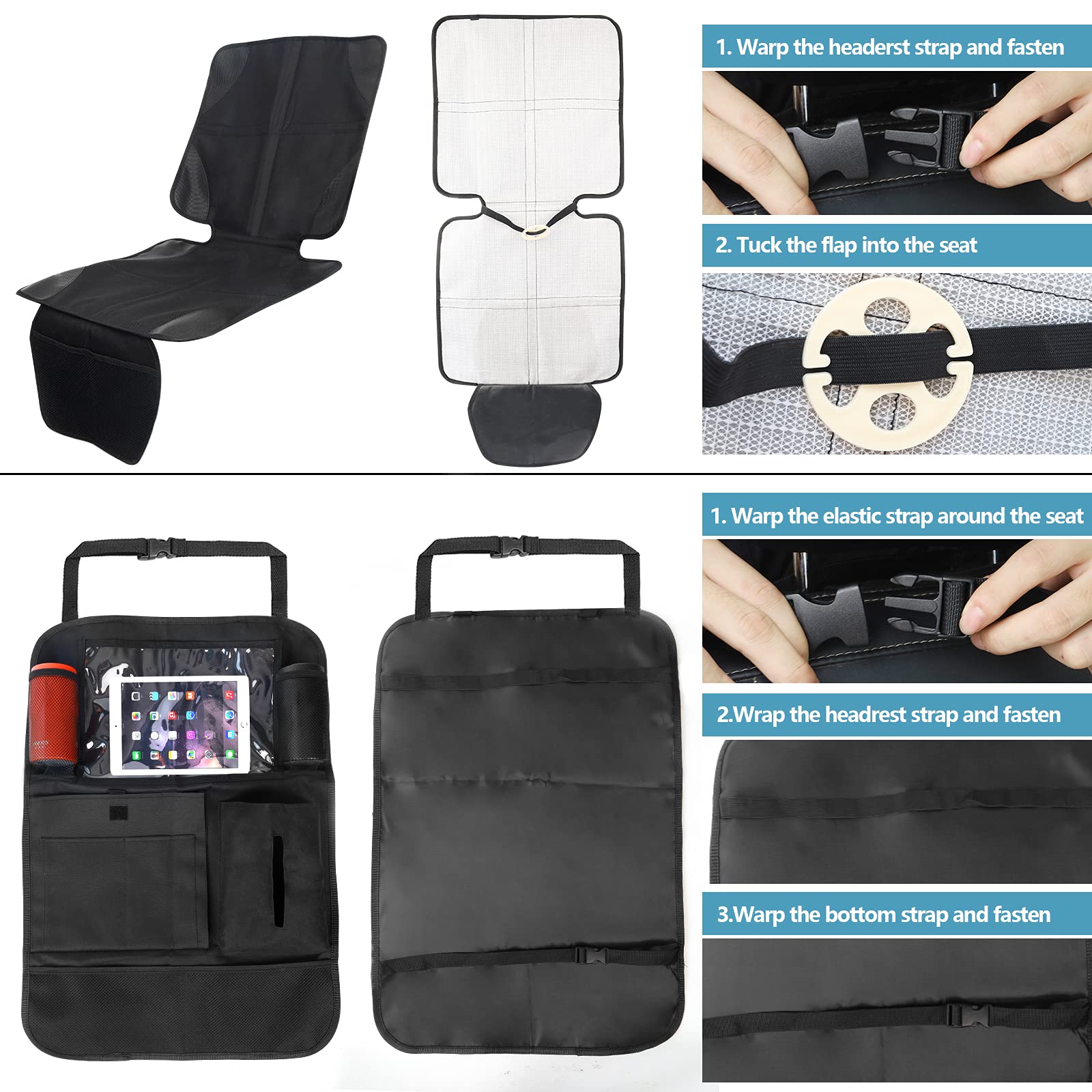 Car Seat Protector for Child Car Seat + Car Organizer Back Seat 4 Pack Kick Mat Car Seat Cover for Baby Carseat Waterproof for Leather CarSeats