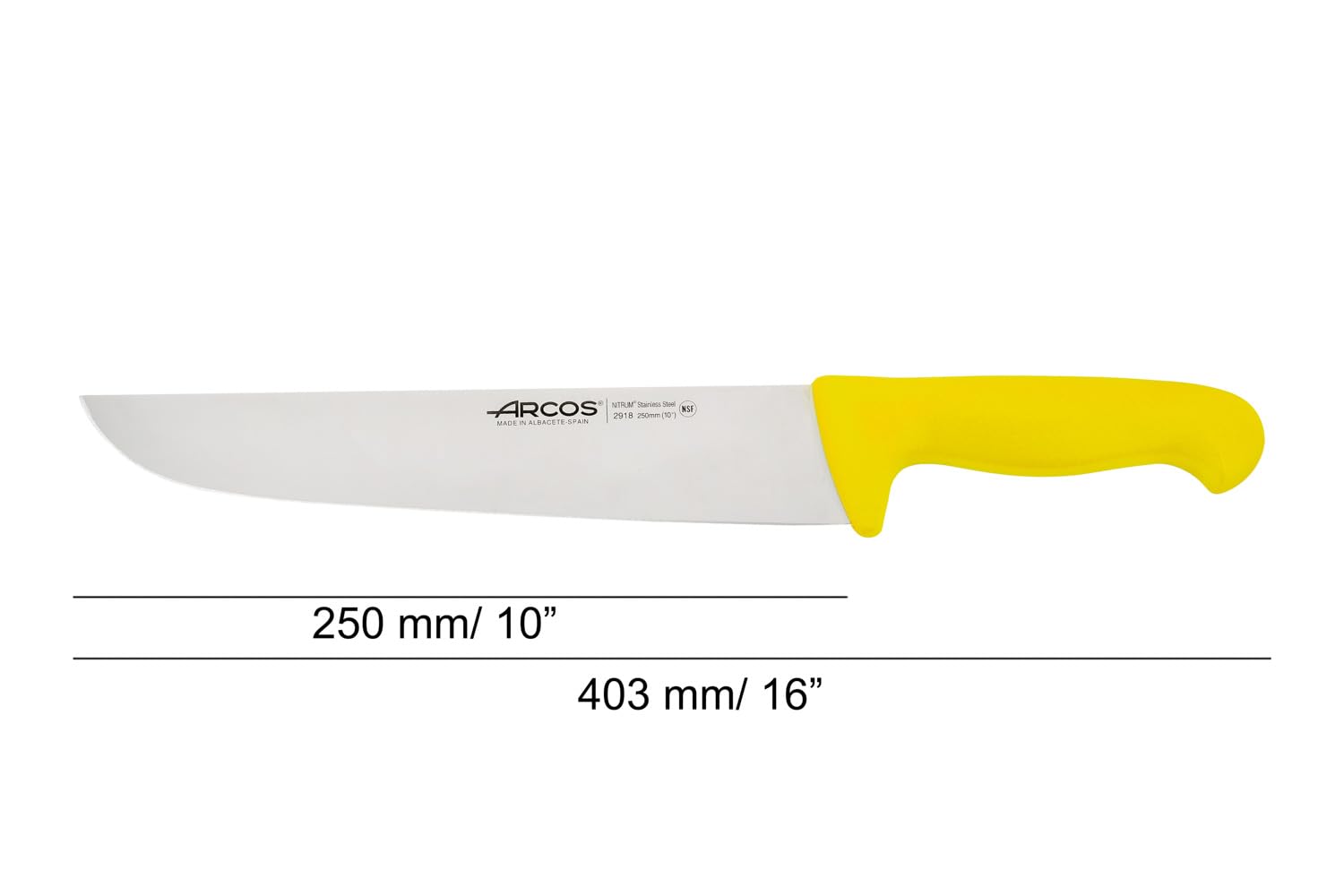 ARCOS Butcher Knife 10 Inch Nitrum Stainless Steel and 250 mm blade. Professional Cooking Knife For Cutting Meat, Fish and Vegetables. Ergonomic Polyoxymethylene Handle. Series 2900. Color Yellow