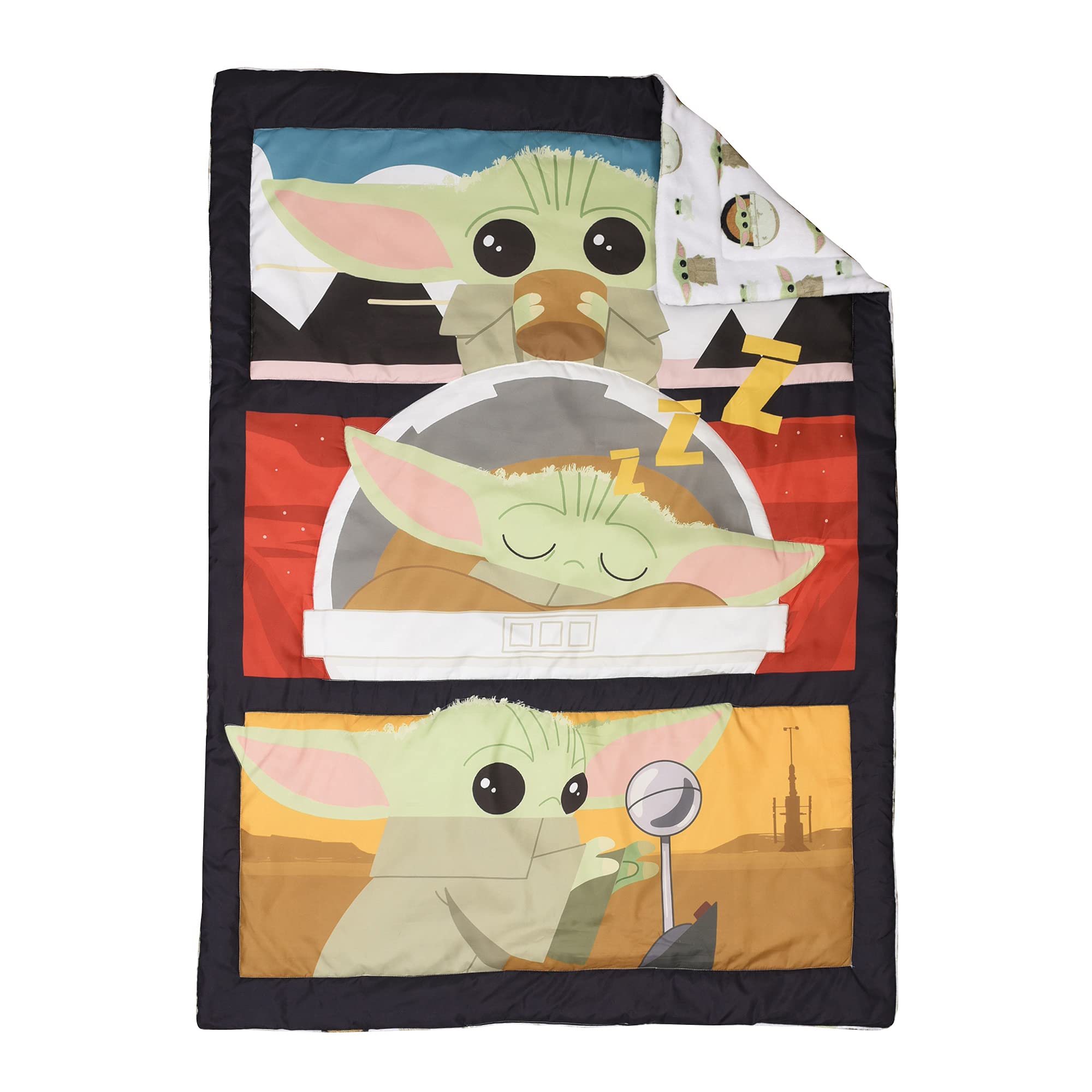 Expressions 3 Piece Toddler Bedding Set Baby Yoda Mandalorian Standard Crib Bedding Set, Includes Soft Microfiber Reversible Comforter, Fitted Sheet, Pillowcase for Kids (Official Star Wars Product)