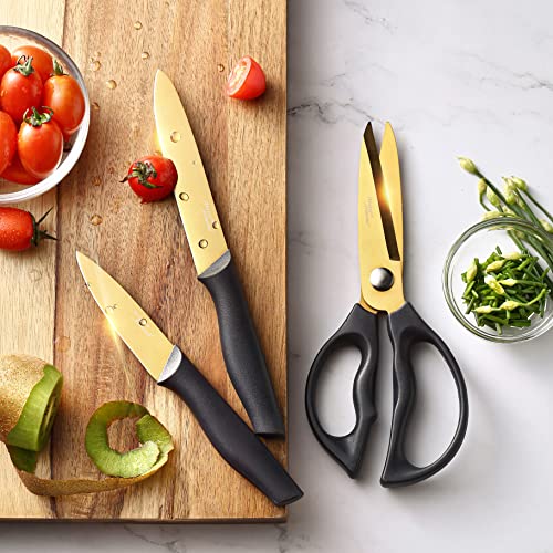 Marco Almond® KYA23 Golden Titanium Knife Set, Kitchen Cutlery Knives Set with Acrylic Stand, Knife Set for Kitchen with Block, For Home & Pro Use, Best Gift, 14 Pieces, Black