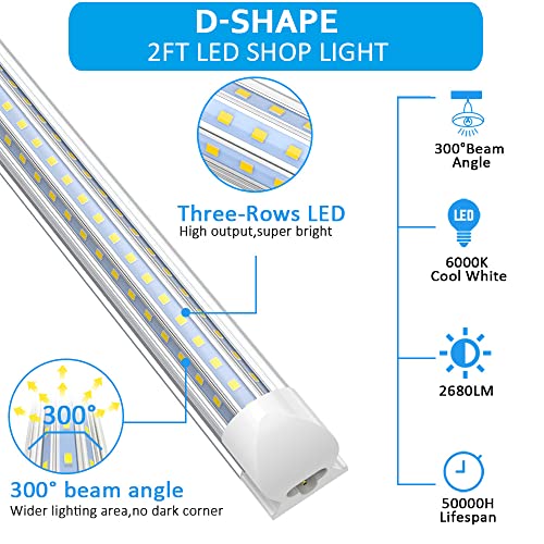 CNSUNWAY 2FT LED Shop Light, 24W 2680LM 6000K Super Bright, T8 Integrated LED Light Fixture, D-Shaped, High Output, Linkable Utility Shop Lights for Room, Garage, Workbench, Under Cabinet (2 Pack)