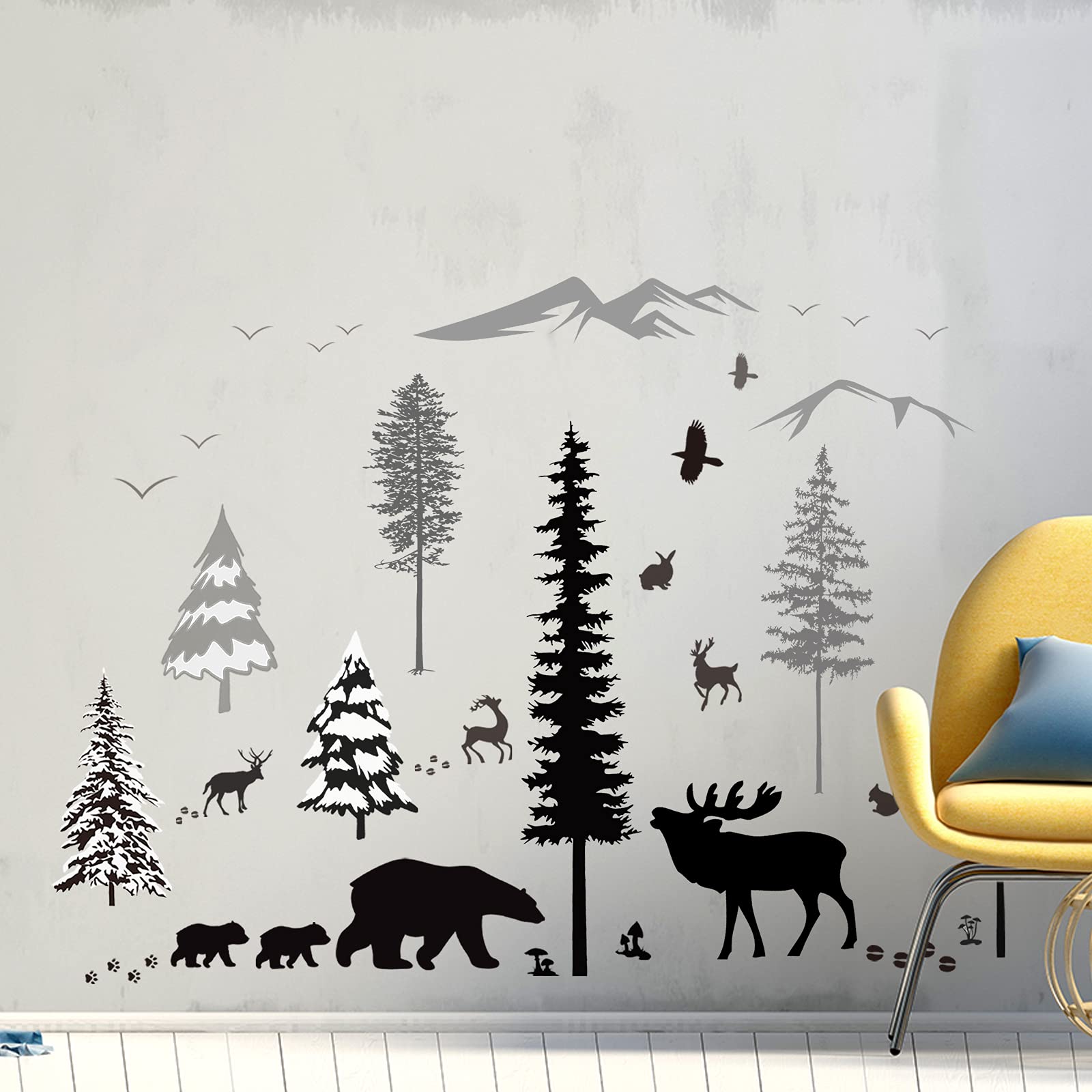 Woodland Nursery Decor Tree Wall Decals Mountain Forest Animal Bear Deer Wall Stickers Forest Wall Mural Sticker Removable Wall Decals for Kids' Room Bedroom Nursery Living Room