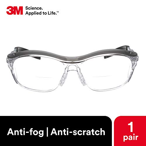 3M Safety Glasses with Readers, Nuvo Readers, +2.0 Diopter, ANSI Z87, Clear Lens, Gray Frame, Soft Nose Bridge, Side Shields