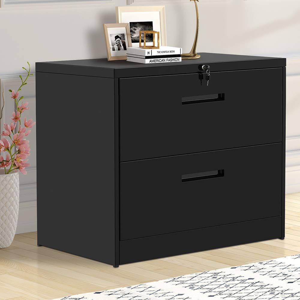 2 Drawer Lateral Filing Cabinet for Home and Office, Hanging File White and Black Lateral File Cabinet