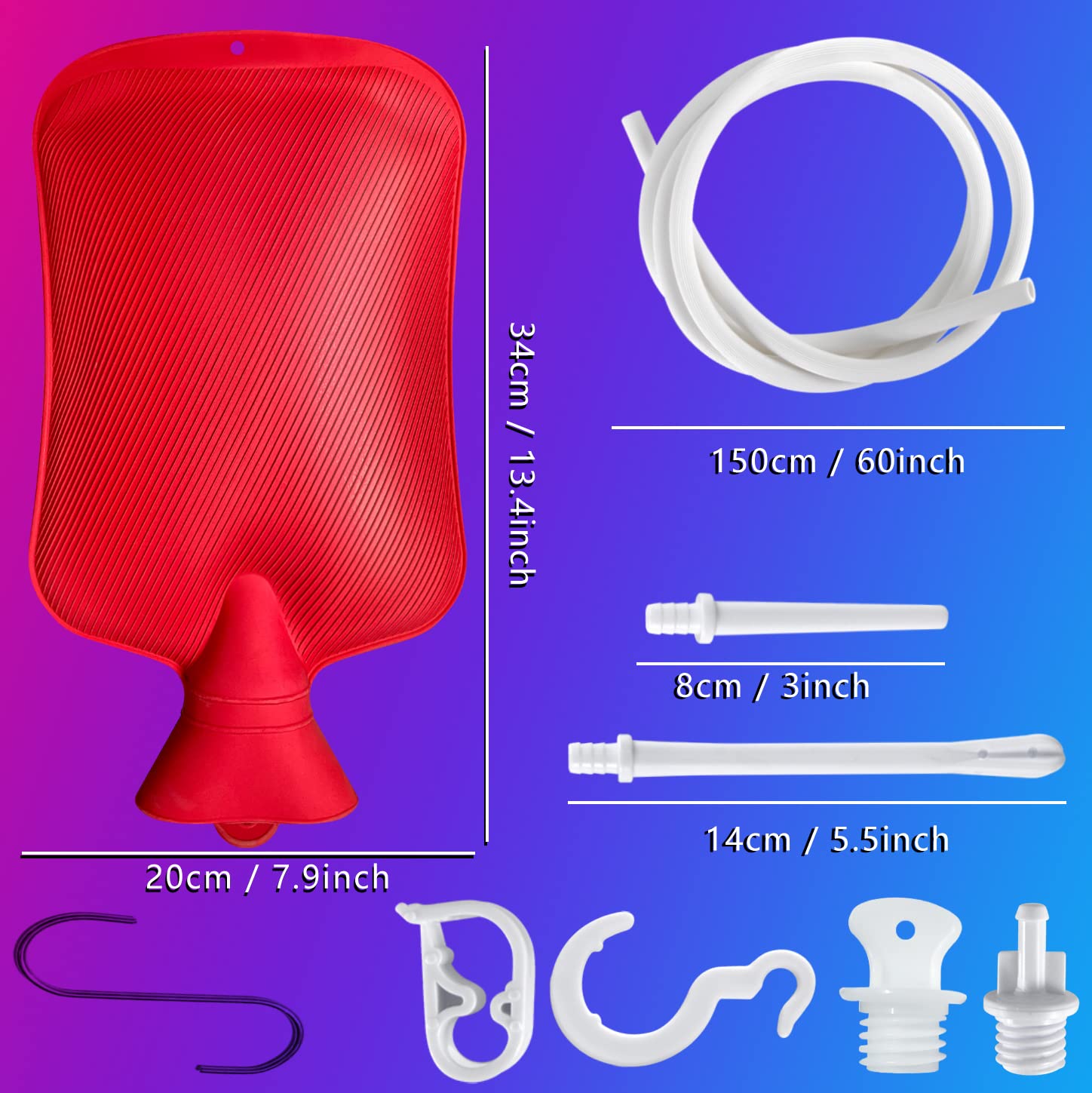 2 L Home Enema Bag Kit with 2 Enema Tips,60 inch Long Silicone Hose, Controlable Water Flow Valve, Hot-Water Bottle for Colon Cleansing Enemas(Red)