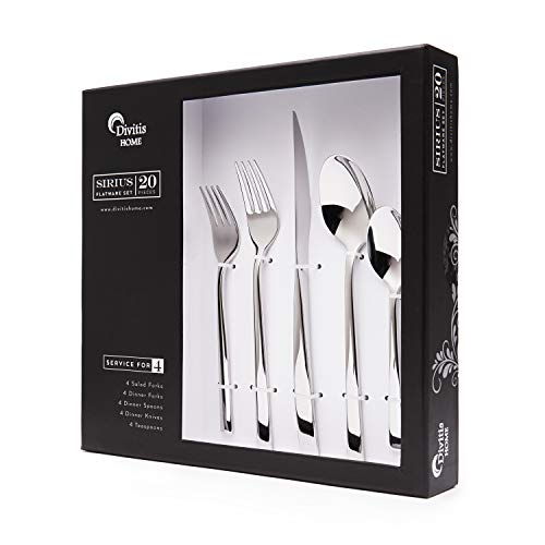 Divitis Home Sirius Silverware Set 20 Piece, 18/10 Stainless Steel Set for 4 (Dinner Spoons, Dinner Forks, Salad Forks, Dinner Knives, Teaspoons), Flatware Set, Cutlery Set, Forks and Spoons Set
