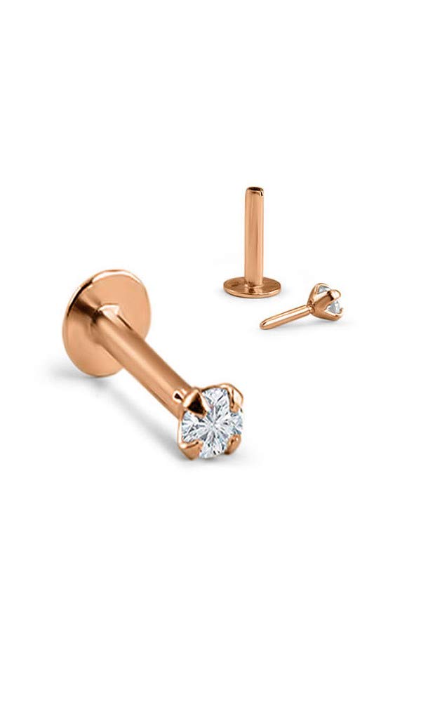 14k Rose Gold Threadless Push Pin Labret Nose Ring Stud 1/4" 6mm Post 2mm Clear CZ 18G