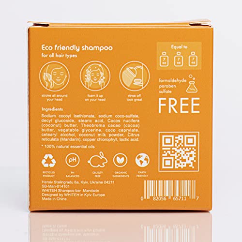 Eco-Friendly Solid Shampoo Bar for All Hair Types, Sustainable Natural Shampoo, Plastic Free, pH Balanced, Vegan, Plant Based, 100% Compostable and Zero Waste, 4.10oz (Mandarin)