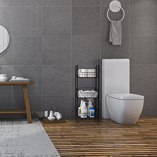 Bathroom Standing Shelf Unit, 3 Tier Towel Storage Shelf Metal Storage Rack for Bathroom Holds Bath, Soap, Shampoo, Paper and Toiletries(Brown)