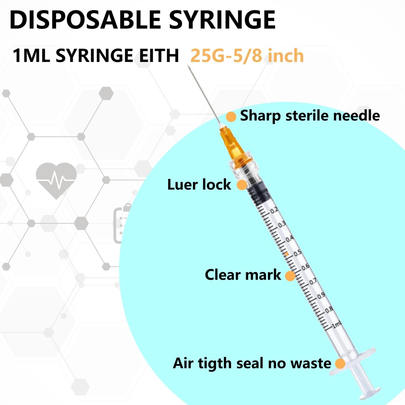 1ml Syringes with Needles 25G 5/8 inch, Lab Sample Injection Syringes for Industrial Scientific Labs, Liquids Measuring and Dispensing - 50 Pack/Box