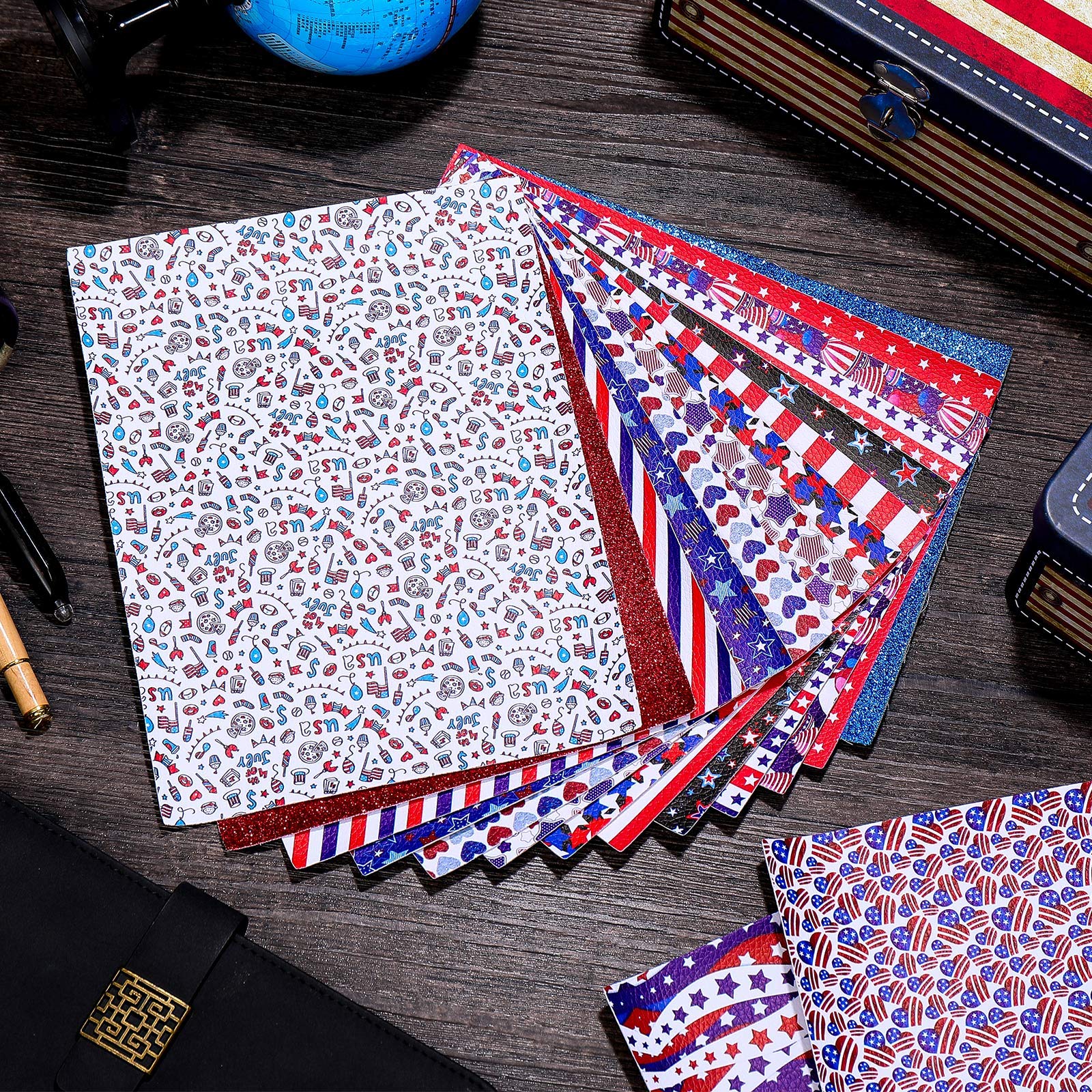 15 Pieces Labor Day American Flag Faux Leather Sheets Glitter Sequins Synthetic Leather Sheets DIY Faux Leather Fabric Making Earrings Bows DIY Crafts, 8.3 x 6.3 Inch (Classic Style)