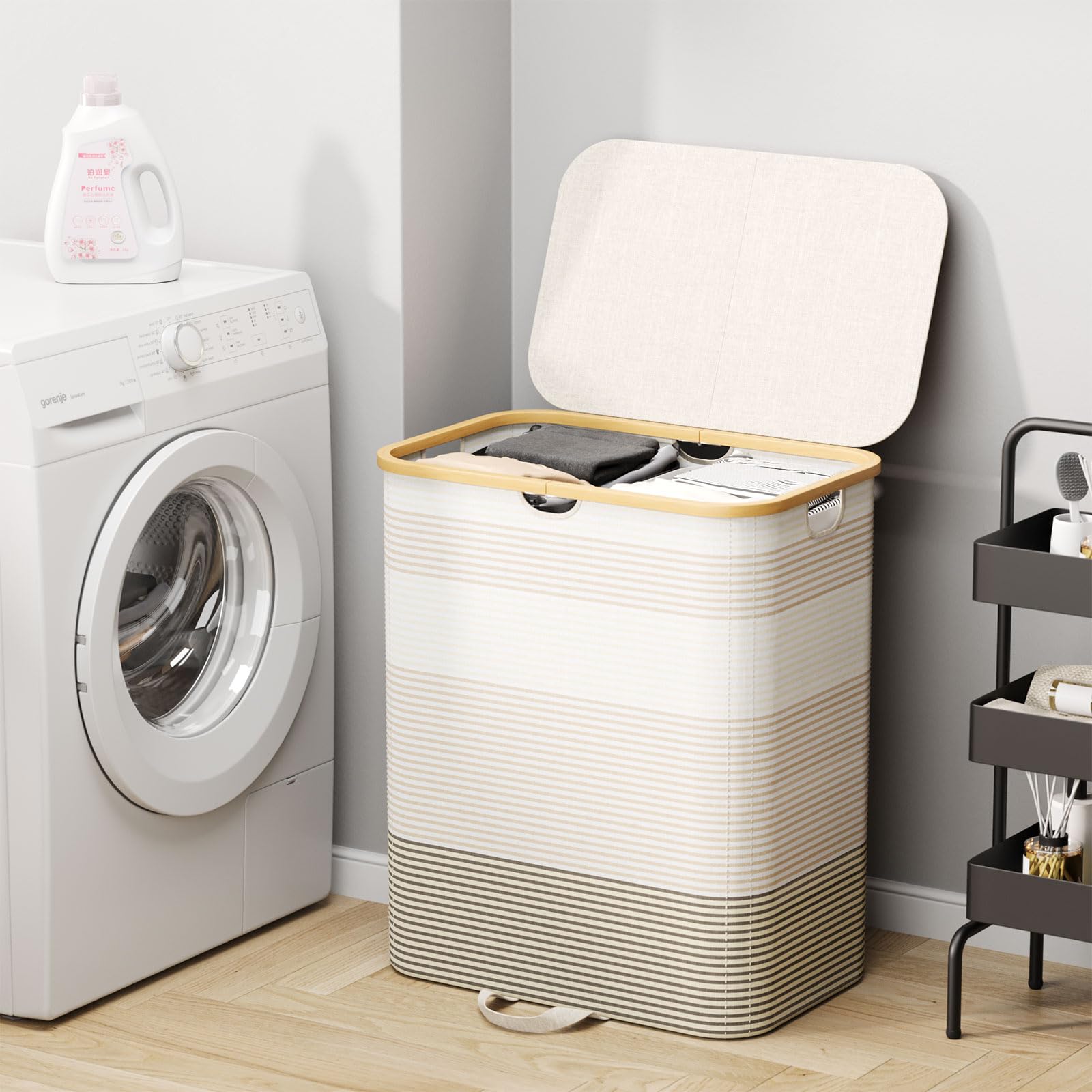 Double Laundry Hamper with Lid and Removable Bags, 150L Large Collapsible 2 Dividers Dirty Clothes Basket with Handles, Beige Laundry Basket Organizer for Bedroom,Laundry Room,Closet,Bathroom,College