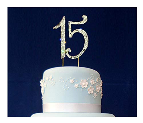 15 Cake Topper | Premium Bling Rhinestone Diamond Gems | 50th Birthday or Anniversary Party Decoration Ideas | Quality Metal Alloy | Perfect Keepsake