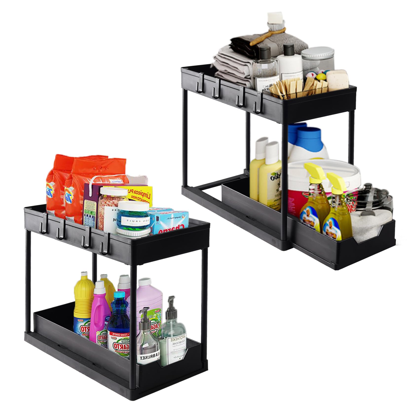 2 PCS Under Sink Organizer, 2-Tier Sliding Cabinet Basket Organizer Drawers, Under Sink Organizers and Storage Bathroom Kitchen Cabinet Organizer with Hooks The Bottom Drawers Can Be Slid Out