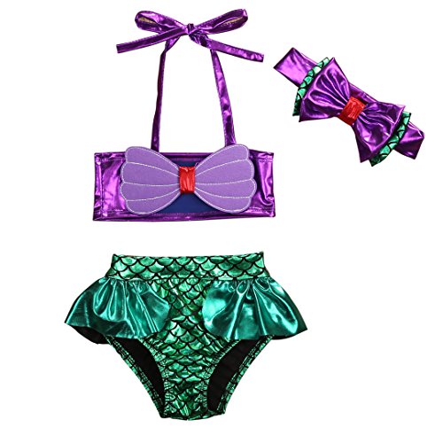 3Pcs/Set Kids Toddler Baby Girl Mermaid Swimsuits Halter Swimwear Bikini Set with Headband (Purple+Green, 70/3-6 Months)