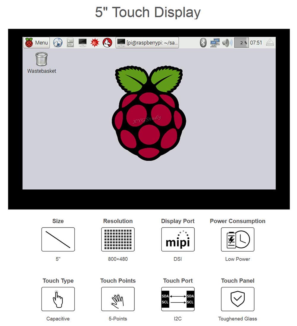 for Raspberry Pi 5inch LCD Capacitive Touch Display Screen 800×480 5inch LCD DSI Interface for Raspberry Pi 4 3 2 Model B B+ A+ Raspbian Retropie Ubuntu Kali WIN10 IoT Driver Free @XYGStudy