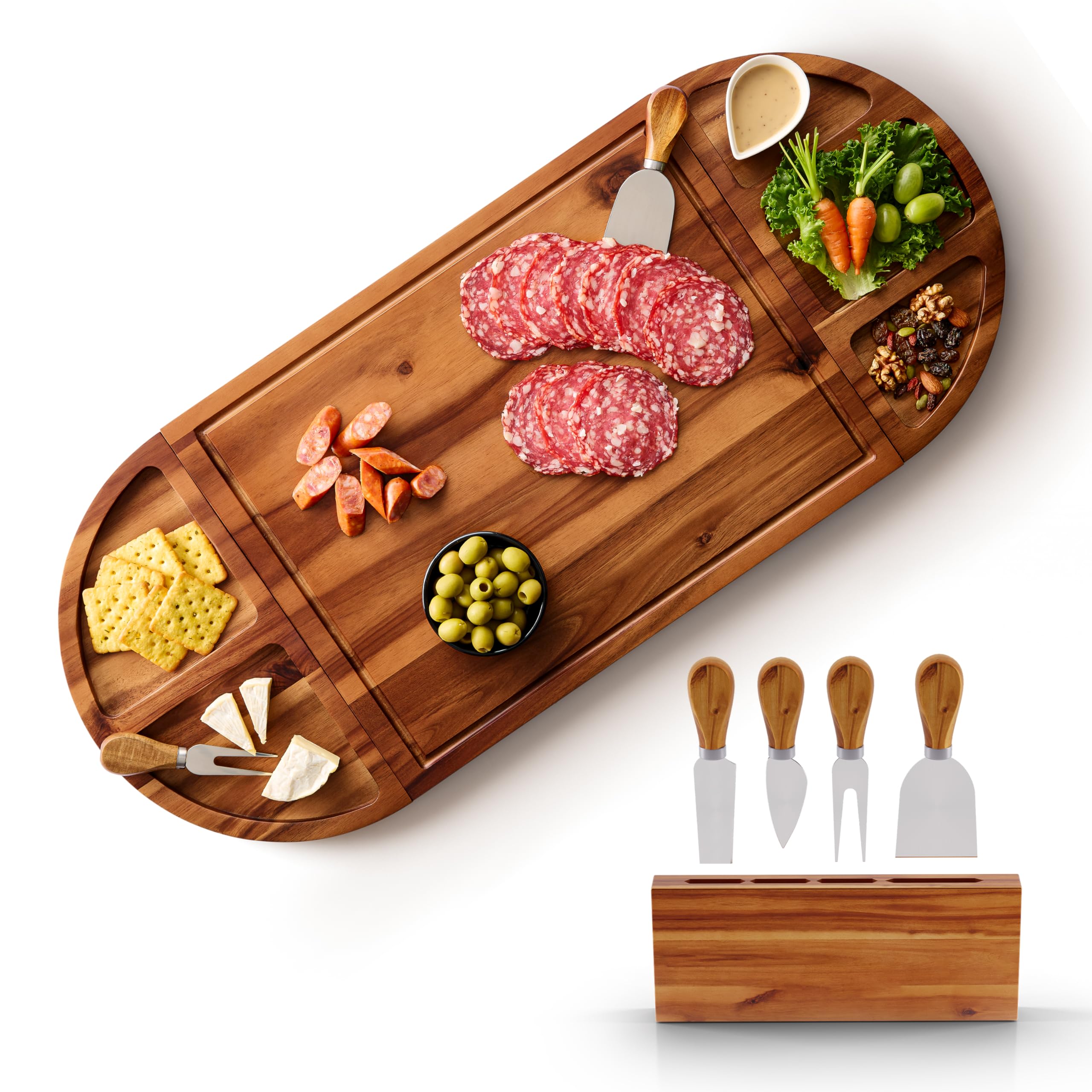 30 inch Large Acacia Wood Charcuterie Board with 4 Knives Set, Magnetic - 3 Parts Wooden Round Tray for Cheese - Long Appetizer Board for Serving Food Platter Cracker Snack