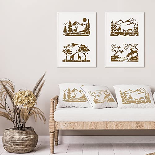 16PC Landscape Painting Stencils, A4 Landscape Journal Stencil, Children Silhouette Stencil Reusable for DIY Card, Window, Wood