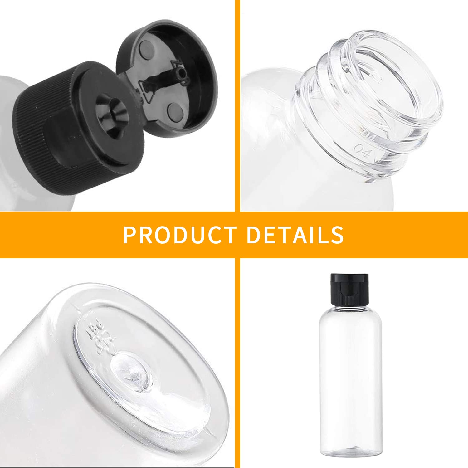 2 oz/60ml Plastic Bottles with Flip Cap, Empty Refillable Bottles for Travel, Shampoo, Cream, Liquid, Lotion, Body Soap, Set of 32(Black Cap)
