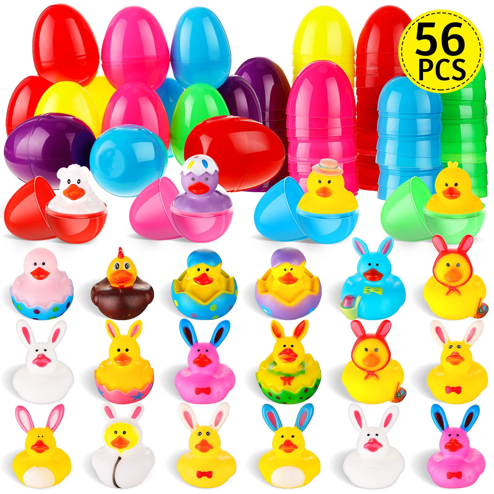 28 Sets Easter Eggs Filled with Rubber Duck, Plastic Egg Prefilled with Assorted Rubber Duck Multicolor Bunny Small Duck for Bathtub Toys, Easter Basket Stuffers and Party Favors, Class Prizes, 56 Pcs
