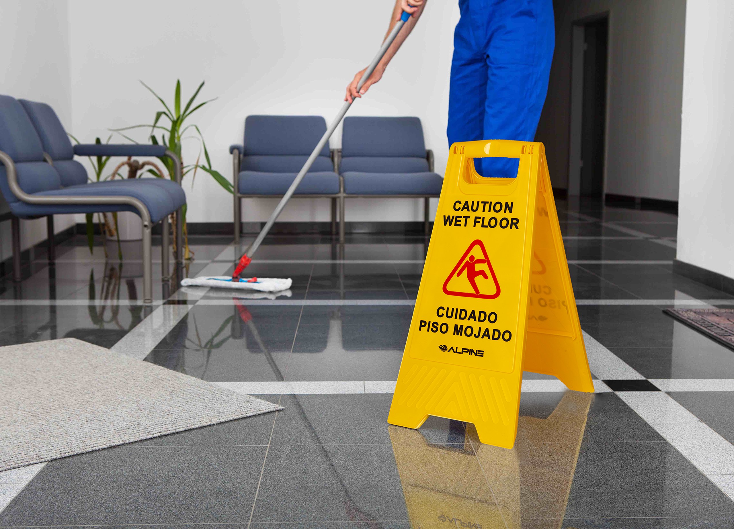 Alpine 24 Inch Caution Wet Floor Sign, High Visibility Yellow Caution Slippery When Wet Sign - Bilingual Safety Warning Sign to Easily Avoid Slippery Accidents in Businesses & High Traffic Areas