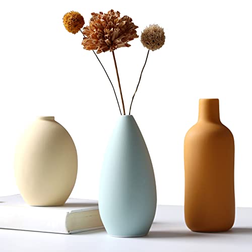 Abbittar Ceramic Vase Set of 3, Flower Vase Minimalism Style for Rustic Home Decor, Modern Farmhouse Decor, Living Room Decor, Shelf Decor, Table, Bookshelf, Mantel and Entryway Decor-Multicolor