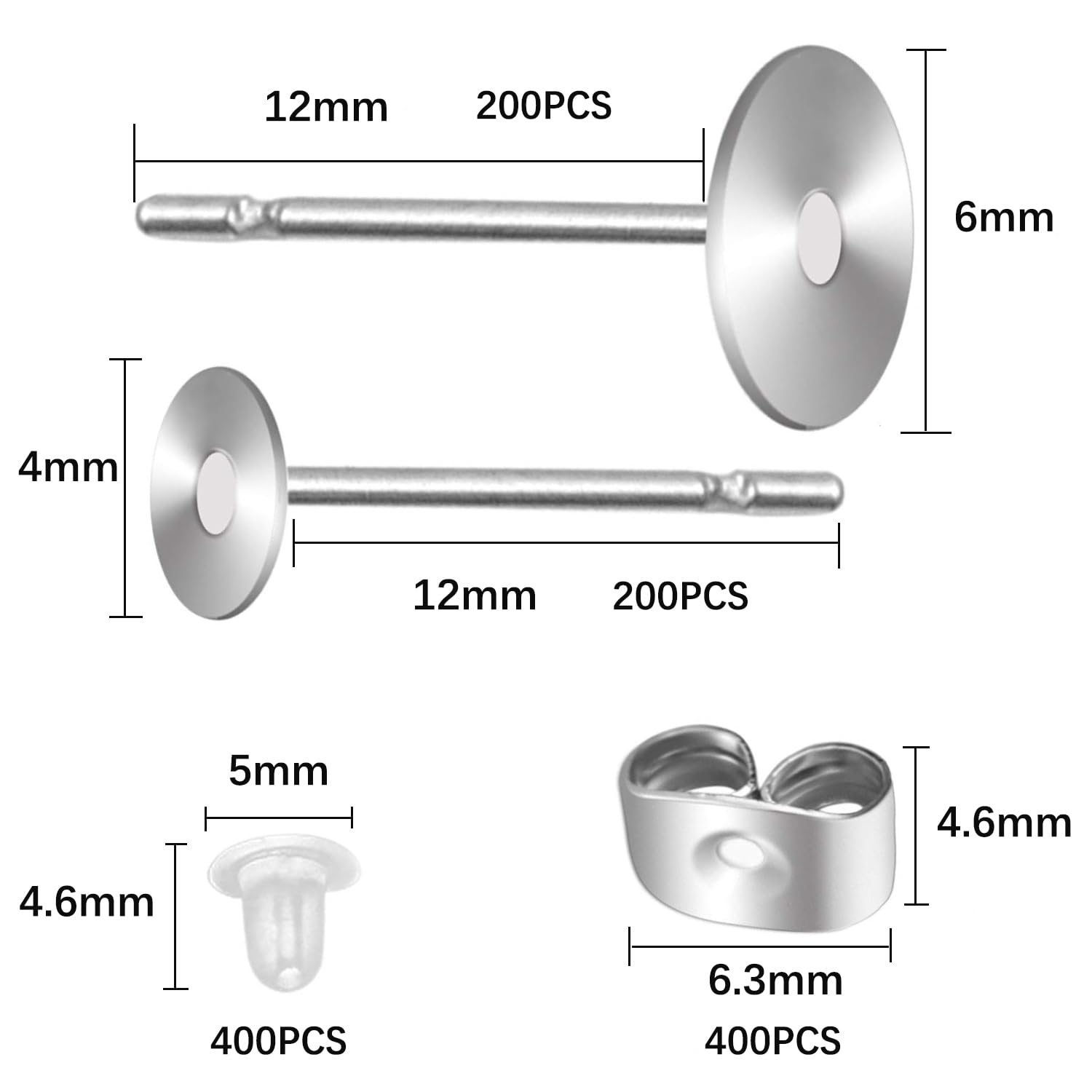 1200 PCS Earring Posts Stainless Steel and Backs with Hypo-allergenic Earring Posts Butterfly and Rubber Bullet Earring Backs for DIY Stud Earring and Jewelry Making