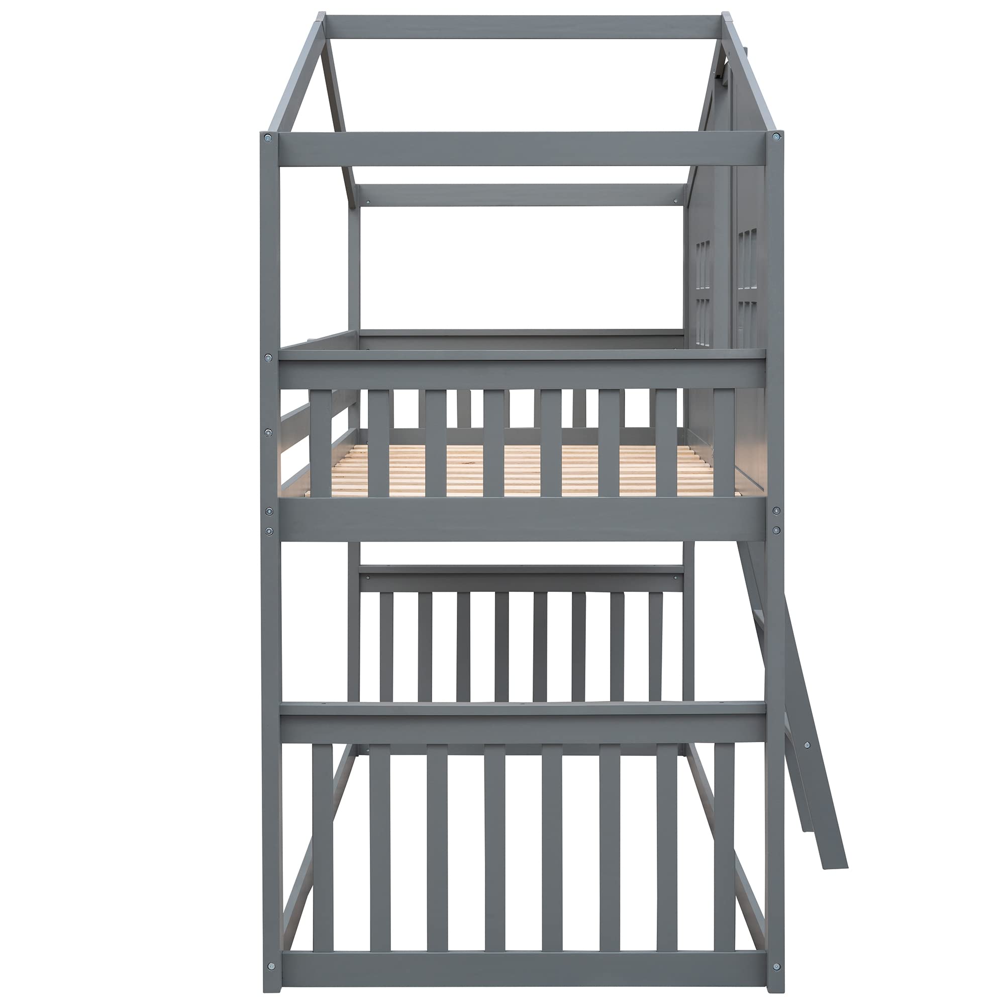 Harper & Bright Designs House Bunk Bed Twin Over Twin Kids Bunk Bed Wood Frame for Girls Boys, Roof Design (Twin Size, Gray)